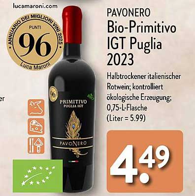 Pavonero Bio-Primitivo Igt Puglia 2023 Angebot bei Aldi Nord