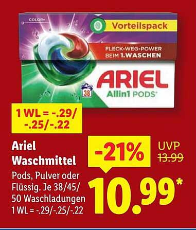 Ariel Waschmittel Allin1 Pods – 38/45/50 Waschladungen Angebot bei Lidl ...
