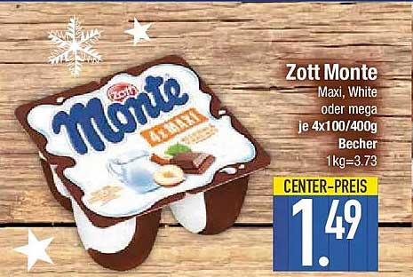 Zott Monte Maxi, White Oder Mega - 4X100G/400G Becher Angebot bei E ...