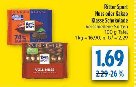 Ritter Sport Nuss- Oder Kakaoklasse Verschiedene Sorten 100G Tafel ...