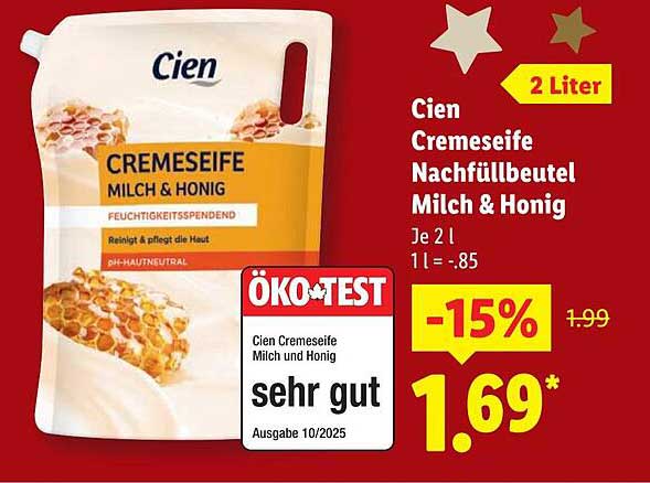 Cien Creme Seife Nachfüllbeutel Milch & Honig 2 Liter Angebot bei Lidl ...