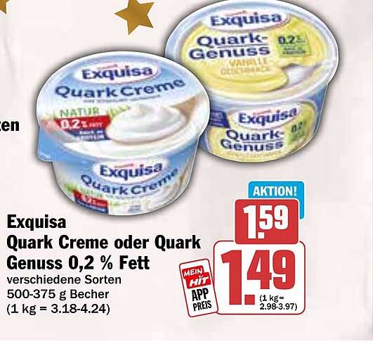 Exquisa Quark Creme Oder Quark Genuss 0,2 % Fett - Verschiedene Sorten ...