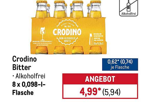 Crodino Bitter • Alkoholfrei 8 X 0,098-L-Flasche Angebot bei METRO ...