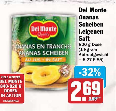 Del Monte Ananas Scheiben I.eigenen Saft Angebot bei Hit - ProspektGuru.de