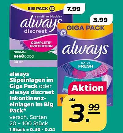 Always Slipeinlagen Im Giga Pack Oder Always Discreet Inkontinenz ...