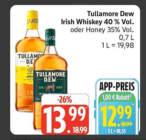Tullamore Dew Irish Whiskey 40 % Vol. Oder Honey 35% Vol. 0,7 L Angebot ...