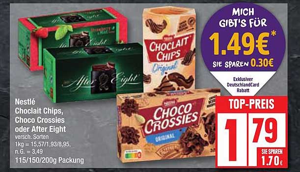 Nestlé Choclit Chips, Choco Crossies Oder After Eight Angebot bei Edeka