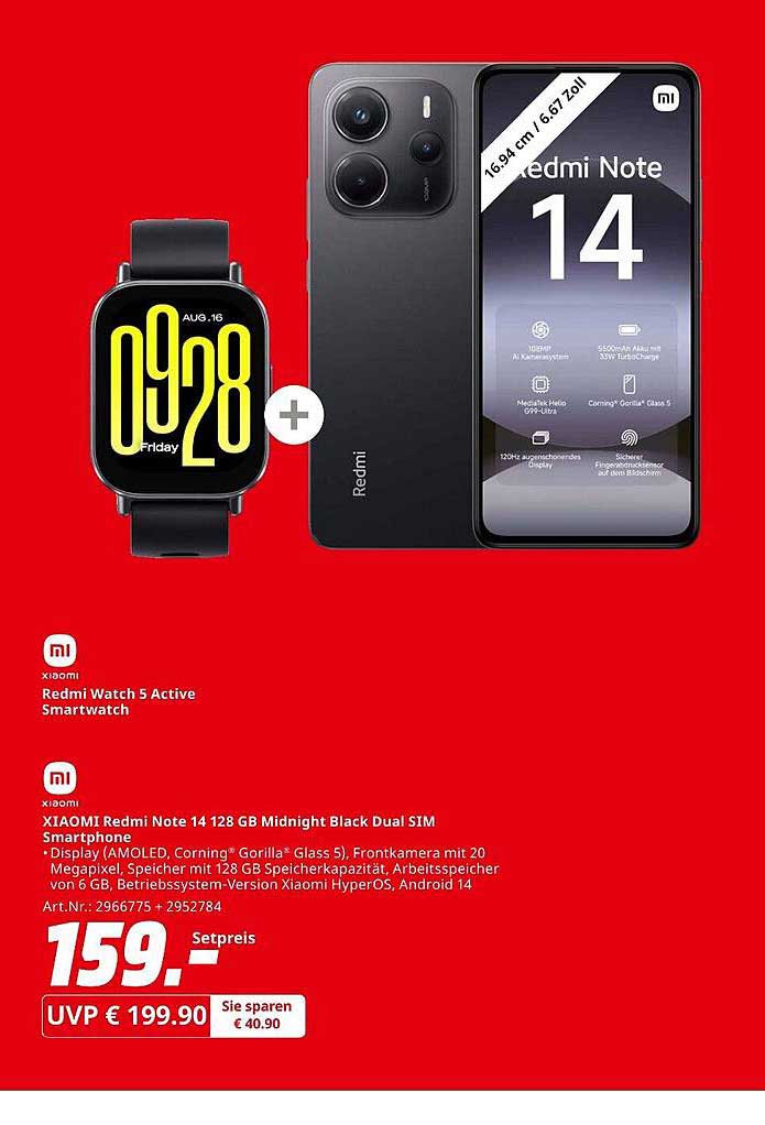 Xiaomi Redmi Note 14 128 Gb Midnight Black Dual Sim Smartphone + Redmi Watch 5 Active Angebot ...