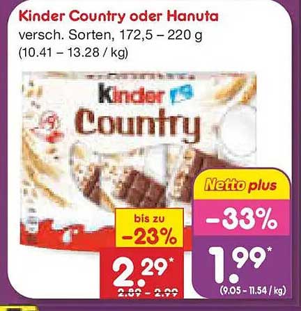 Kinder Country Oder Hanuta - Verschiedene Sorten, 172,5 - 220 G Angebot ...
