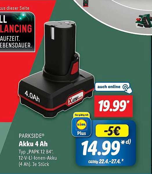 Parkside® Akku 4 Ah - Ideal Für Ihre Werkzeuge! Angebot bei Lidl