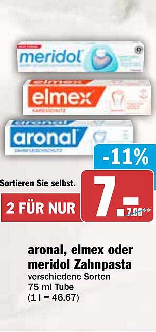 Aronal, Elmex Oder Meridol Zahnpasta Verschiedene Sorten 75 Ml Tube ...