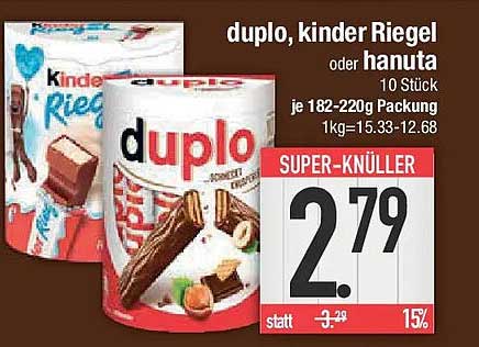Duplo, Kinder Riegel Oder Hanuta 10 Stück Je 182-220G Packung Angebot ...