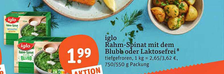 Iglo Rahm-Spinat Mit Dem Blubb Oder Laktosefrei Angebot bei tegut ...