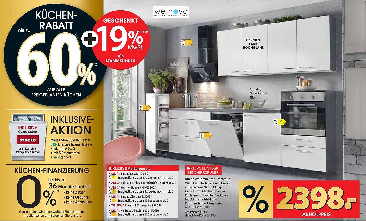 Einbauküche** Mit Fronten Und Korpus In Eiche Natur Nachbildung, Ca 120 ...