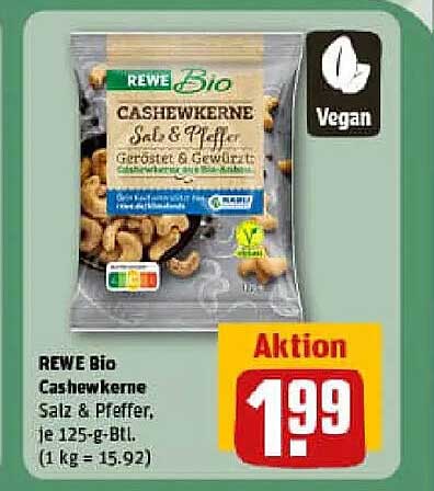 Rewe Bio Cashewkerne Salz & Pfeffer, Je 125-G-Btl. Angebot bei REWE ...