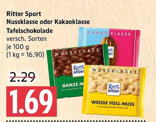 Ritter Sport Nussklasse Oder Kakao Klasse Tafelschokolade Verschieden ...