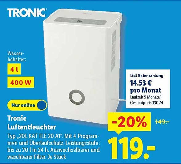 Tronic Luftentfeuchter Typ „20L Kat Tle 20 A1“ Angebot bei Lidl ...