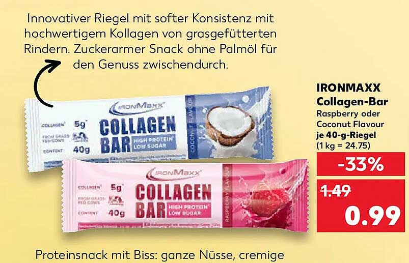 Ironmaxx Collagen-Bar Raspberry Oder Coconut Flavor Je 40-G-Riegel (1 ...
