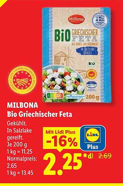 Milbona Bio Griechischer Feta Angebot bei Lidl - ProspektGuru.de