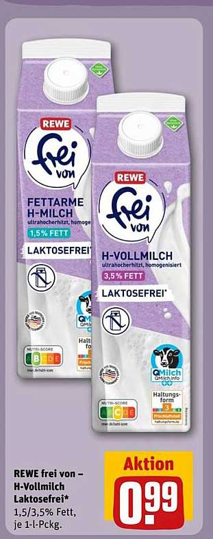Rewe Frei Von – H-Vollmilch Laktosefrei* 1,5/3,5% Fett, Je 1-L-Packg ...