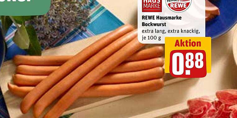 Rewe Hausmarke Bockwurst Extra Lang, Extra Knackig, Je 100 G Angebot ...