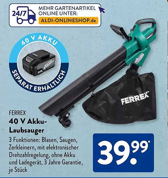 Ferrex 40 V Akku-Laubsauger Angebot bei Aldi Süd