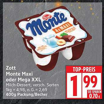 Zott Monte Maxi Oder Mega Xxl - Milch-Dessert In Verschiedenen Sorten ...