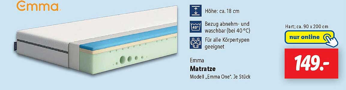 Emma Matratze Modell „Emma One“ – 90 X 200 Cm Angebot bei Lidl ...