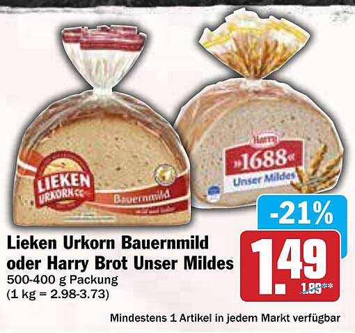 Lieken Urkorn Bauernmild Oder Harry Brot Unser Mildes 500-400 G Packung ...