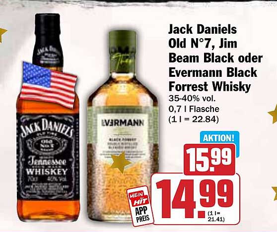 Jack Daniels Old N°7, Jim Beam Black Oder Evermann Black Forrest Whisky ...