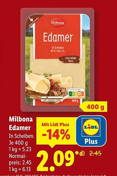 Milbona Edamer In Scheiben 400 G Angebot bei Lidl - ProspektGuru.de