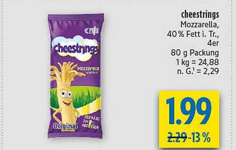 Cheestrings Mozzarella, 40% Fett I. Tr., 4Er Angebot bei diska ...