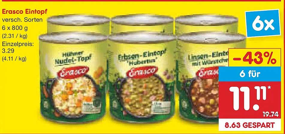 Erasco Eintopf Versch. Sorten 6 X 800 G Angebot bei Netto Marken ...