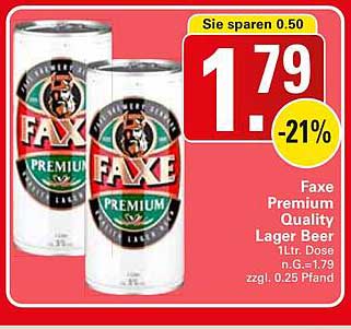 Faxe Premium Quality Lager Beer 1Lt. Dose Angebot bei WEZ - ProspektGuru.de