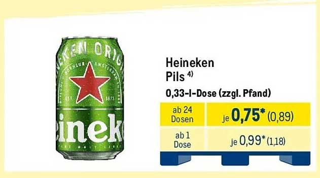 Heineken Pils 0,33-L-Dose (Zzgl. Pfand) Angebot bei METRO - ProspektGuru.de