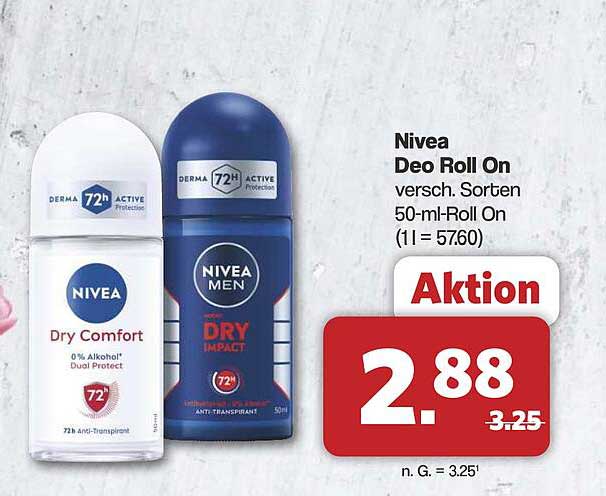 Nivea Deo Roll On Versch. Sorten 50-Ml-Roll On (1 L = 57.60) Angebot ...