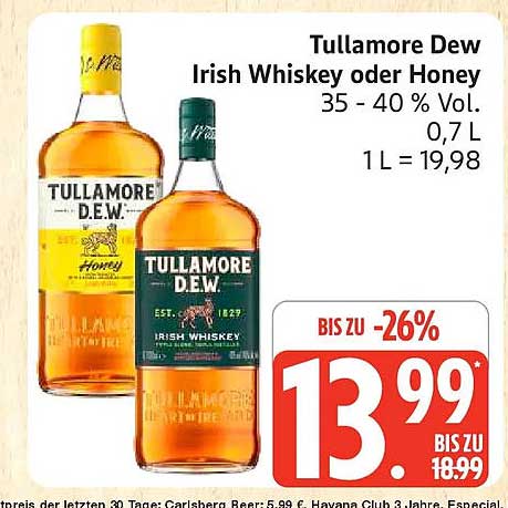 Tullamore Dew Irish Whiskey Oder Honey 35 - 40 % Vol. Angebot bei ...