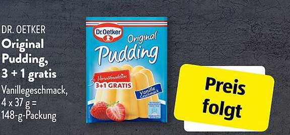 Dr. Oetker Original Pudding, 3 + 1 Gratis Angebot bei Aldi Süd
