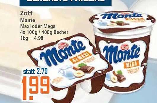 Zott Monte Maxi Oder Mega 4X 100G / 400G Becher Angebot bei K+K Klaas ...