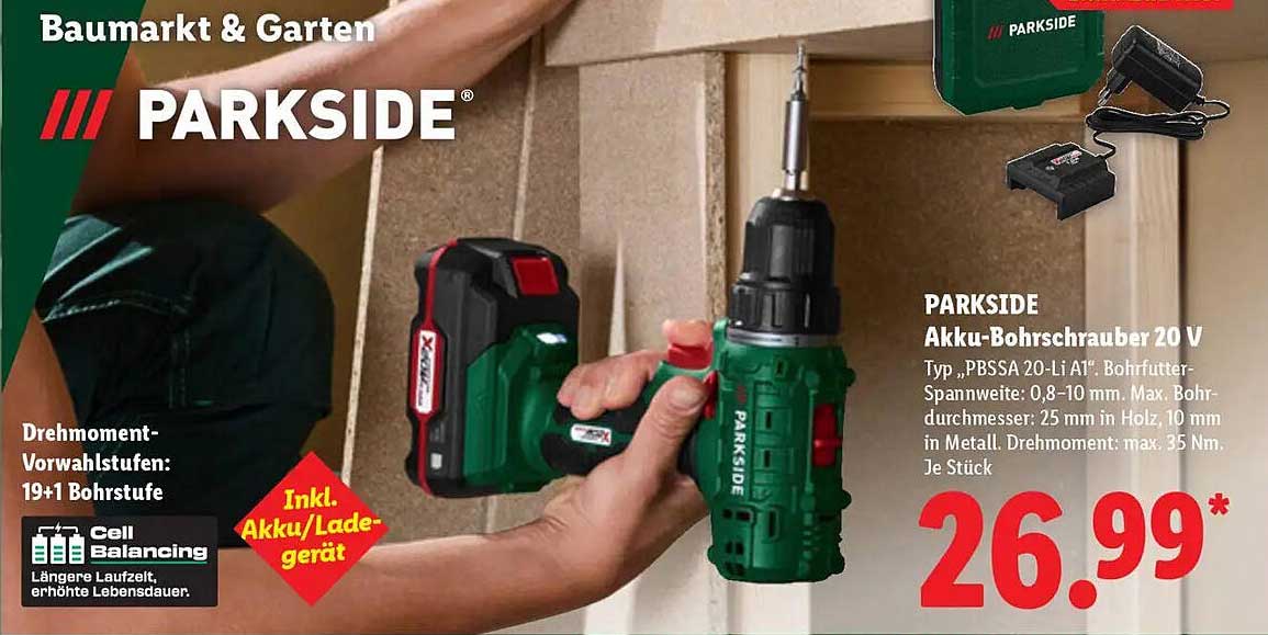 Parkside Akku-Bohrschrauber 20 V Angebot bei Lidl - ProspektGuru.de