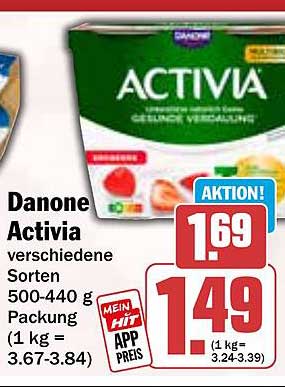 Danone Activia Verschiedene Sorten 500-440 G Packung Angebot bei Hit ...