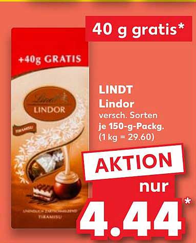Lindt Lindor Versch. Sorten Je 150-G-Packg. (1 Kg = 29.60) Angebot bei ...