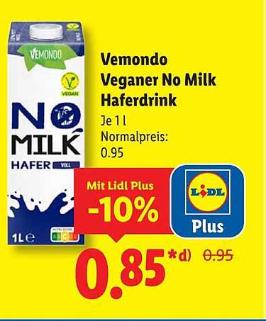 Vemondo No Milk Veganer Haferdrink 3,5% Fett Je 1 L Angebot bei Lidl ...