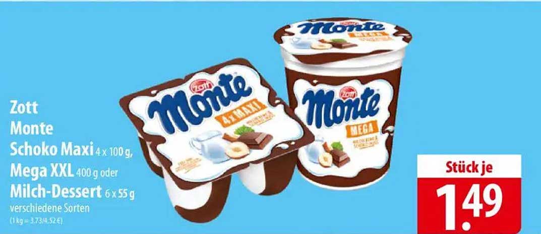 Zott Monte Schoko Maxi 4 X 100 G, Mega Xxl 400 G Oder Milch-Dessert 6 X ...
