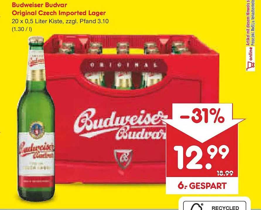 Budweiser Budvar Original Czech Imported Lager 20 X 0,5 Liter Kiste ...