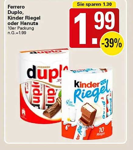 Ferrero Duplo, Kinder Riegel Oder Hanuta 10Er Packung Angebot bei WEZ ...