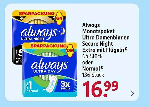 Always Monatspaket Ultra Damenbinden Secure Night Extra Mit Flügeln ...