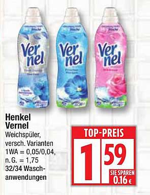 Henkel Vernel Weichspüler, Verschiedene Varianten Angebot bei Edeka