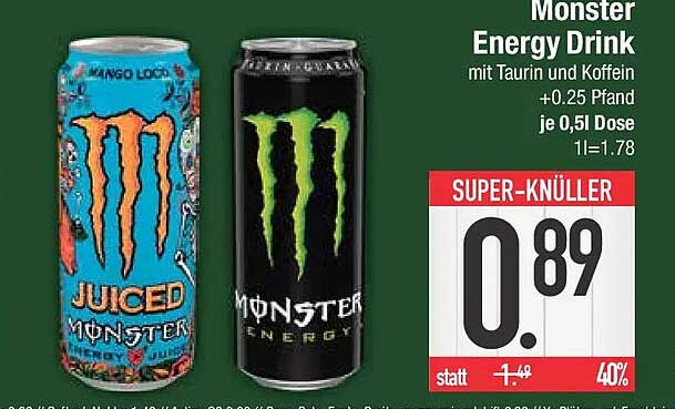 Monster Energy Drink Mit Taurin Und Koffein +0,25 Pfand Je 0,5L Dose 1L ...