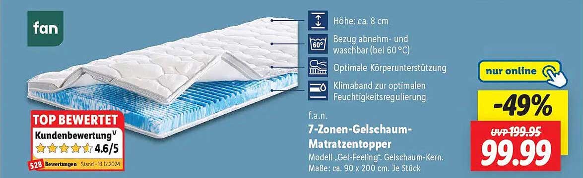 7-Zonen-Gelschaum-Matratzen Topper Angebot bei Lidl
